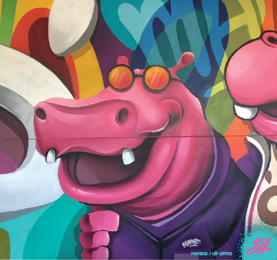 Mambos' Interior Graffiti Mural Featuring Animated Hippos - Strange Harvest